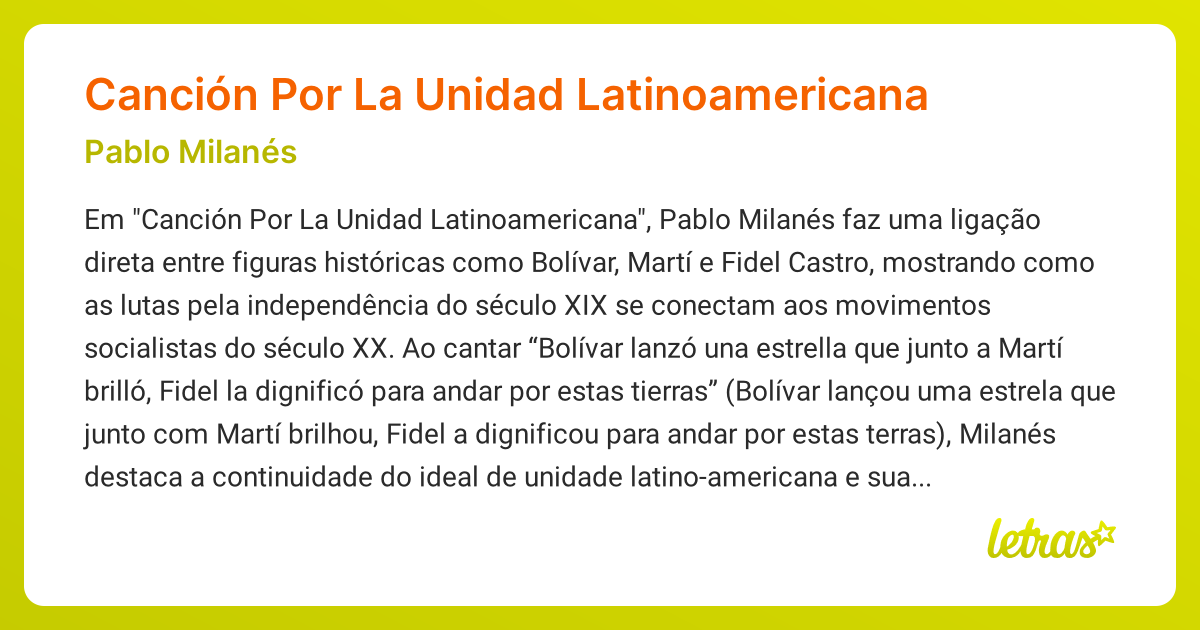 Significado da música Canción Por La Unidad Latinoamericana (Pablo ...