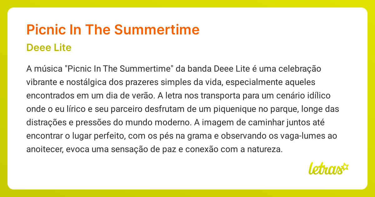 Significado da música PICNIC IN THE SUMMERTIME (Deee Lite) - LETRAS.MUS.BR