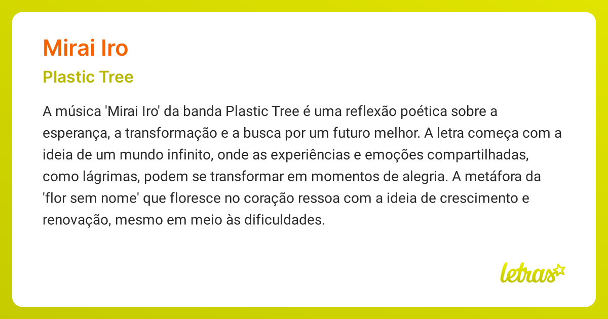 Significado da música MIRAI IRO (Plastic Tree) - LETRAS.MUS.BR