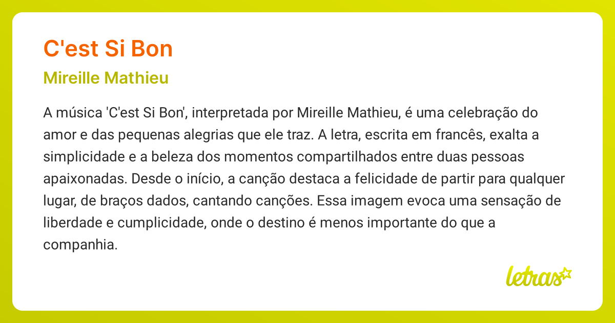 Significado da música C'EST SI BON (Mireille Mathieu) - LETRAS.MUS.BR
