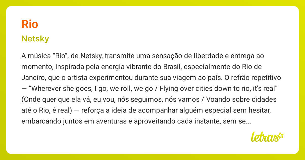 Significado da música RIO (Netsky) - LETRAS.MUS.BR