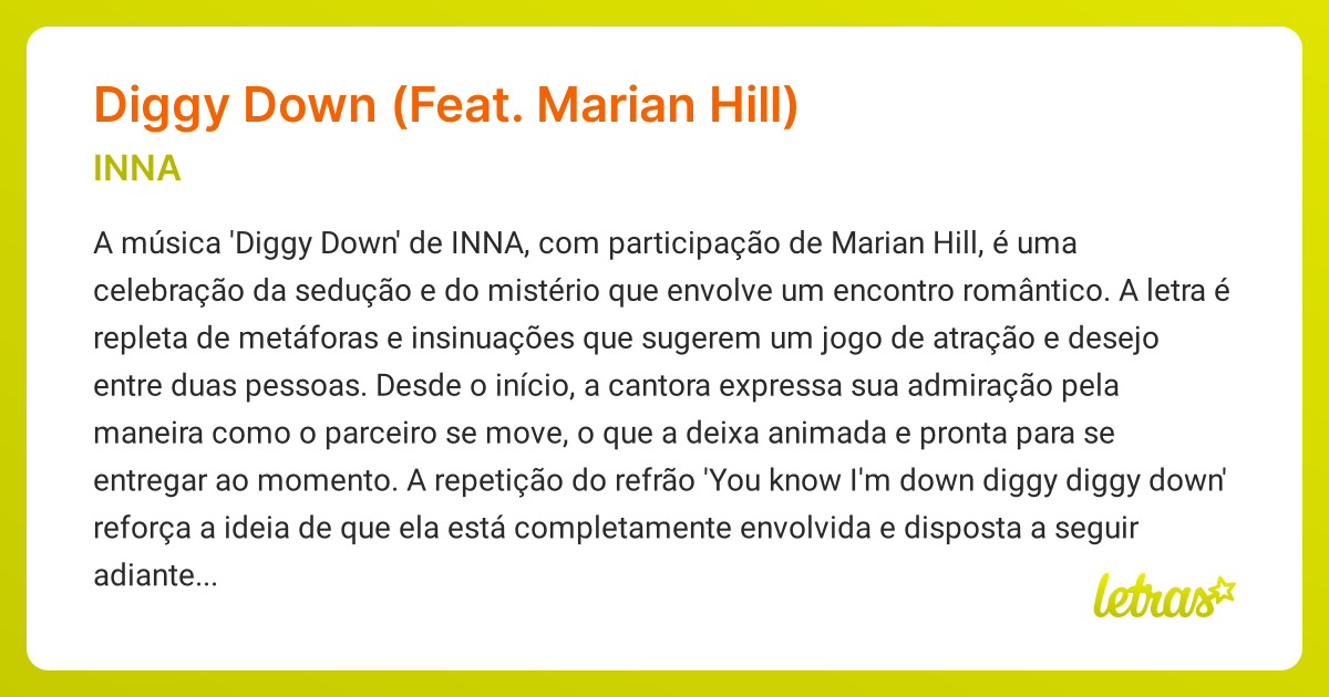 Significado da música DIGGY DOWN (FEAT. MARIAN HILL) (INNA) - LETRAS.MUS.BR