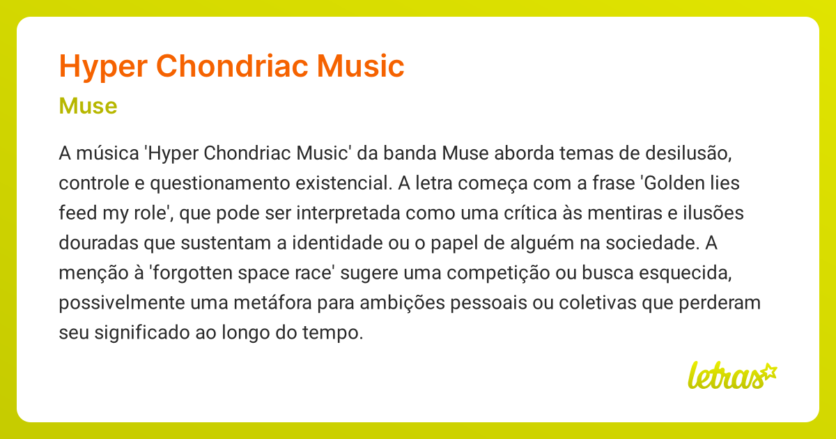 Significado da música HYPER CHONDRIAC MUSIC (Muse) - LETRAS.MUS.BR