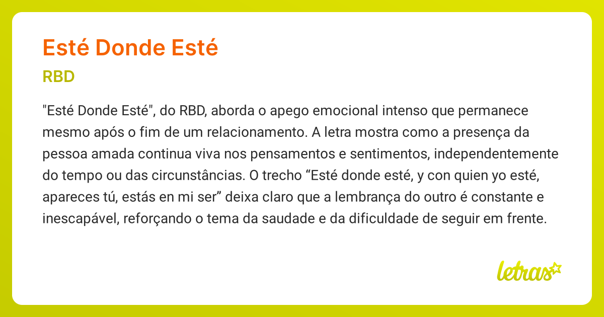 Significado da música ESTÉ DONDE ESTÉ (RBD) - LETRAS.MUS.BR