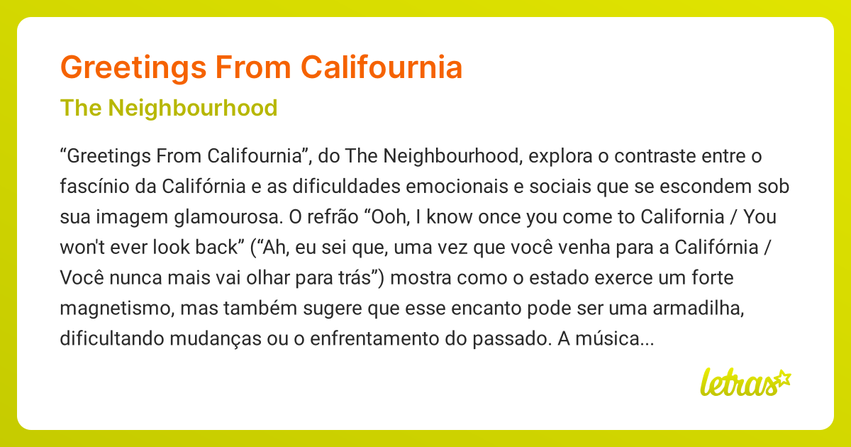 Significado da música GREETINGS FROM CALIFOURNIA (The Neighbourhood ...