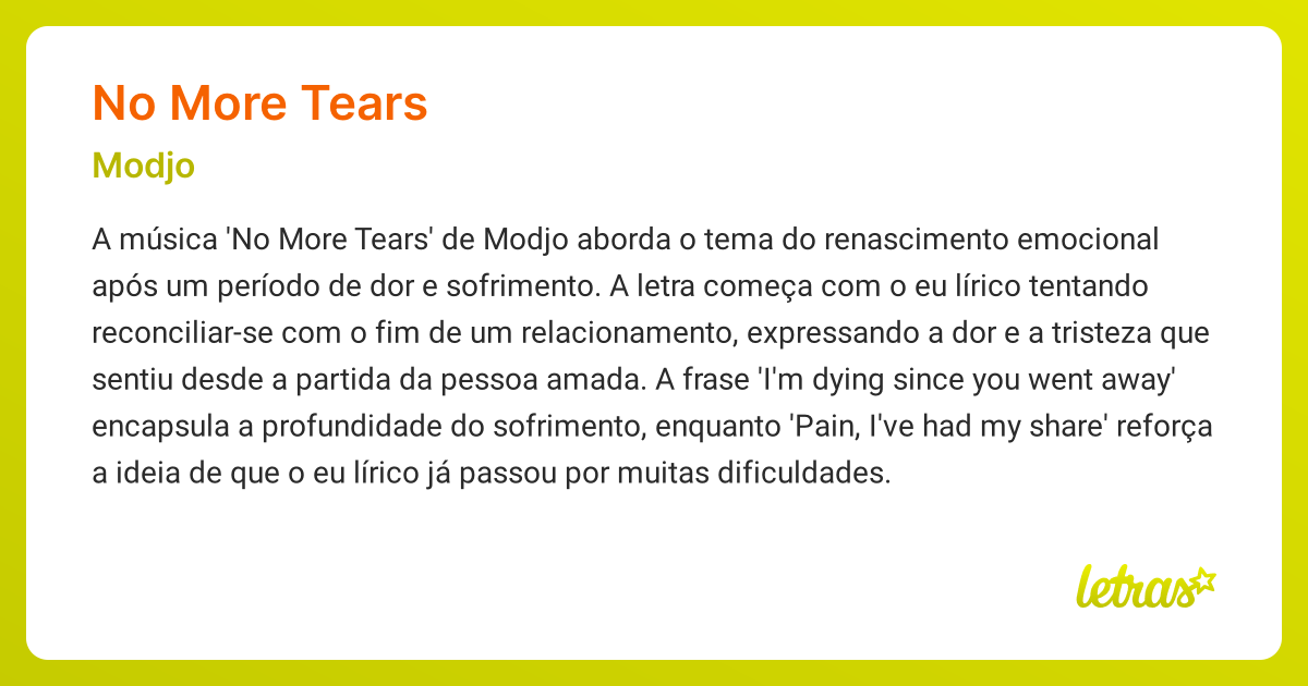 Significado da música NO MORE TEARS (Modjo) - LETRAS.MUS.BR