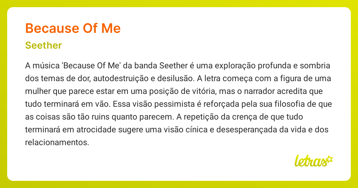 Significado da música BECAUSE OF ME (Seether) - LETRAS.MUS.BR