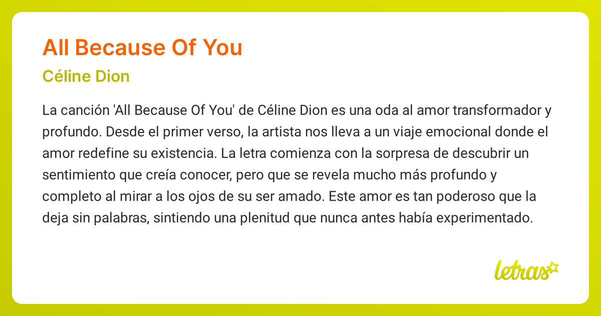 Significado de la canción ALL BECAUSE OF YOU (Céline Dion) - LETRAS.COM