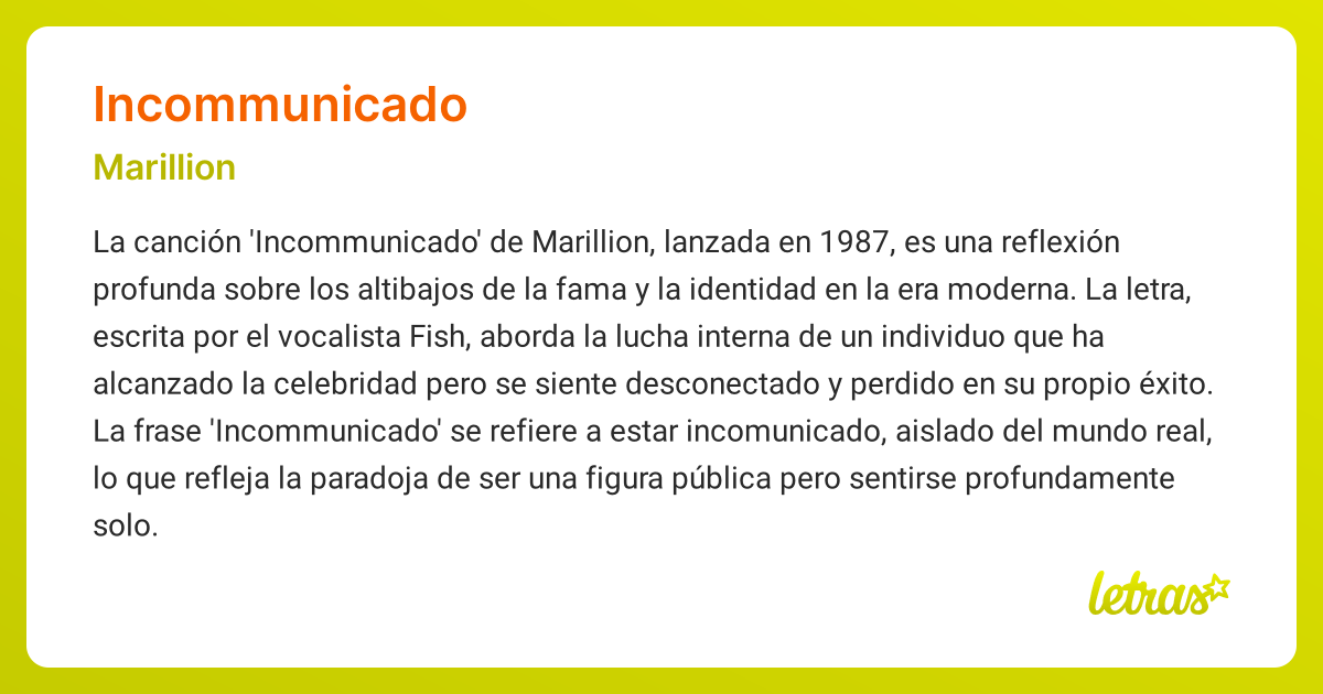 Significado de la canción INCOMMUNICADO (Marillion) - LETRAS.COM