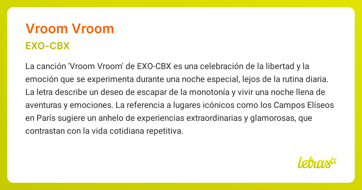 Significado de la canción VROOM VROOM (EXO-CBX) - LETRAS.COM