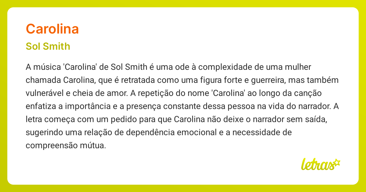 Significado da música CAROLINA (Sol Smith) - LETRAS.MUS.BR