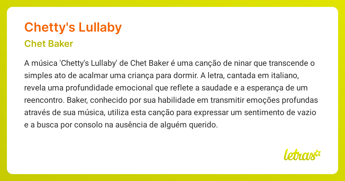 Significado da música CHETTY'S LULLABY (Chet Baker) - LETRAS.MUS.BR