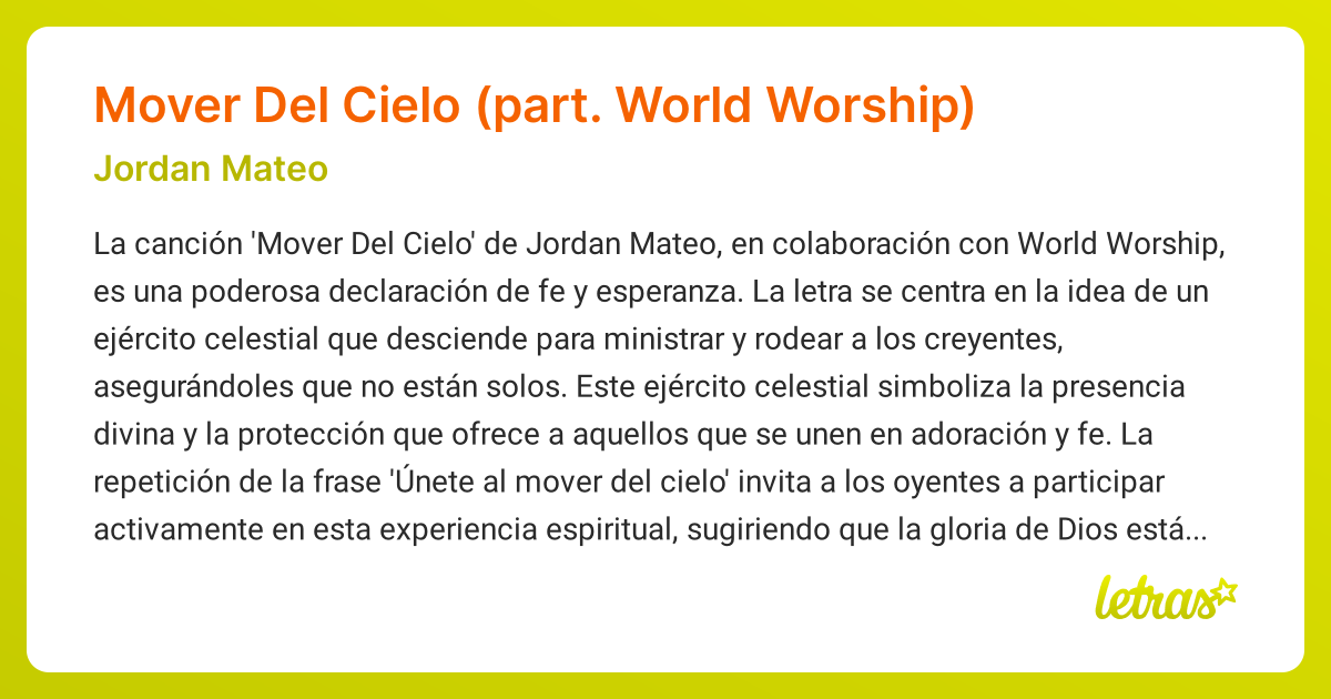 Significado de la canción Mover Del Cielo (part. World Worship) (Jordan Mateo) - LETRAS.COM