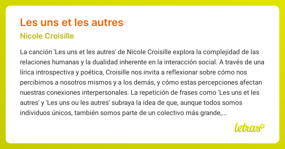 Significado de la canción LES UNS ET LES AUTRES (Nicole Croisille ...