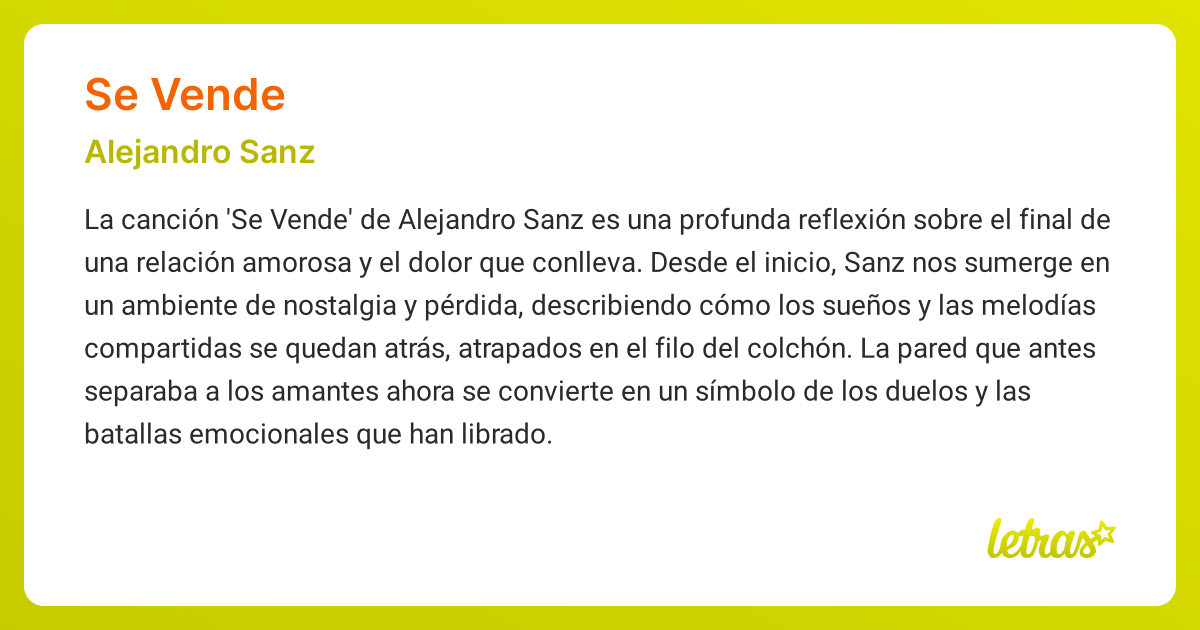 Significado de la canción SE VENDE (Alejandro Sanz) - LETRAS.COM
