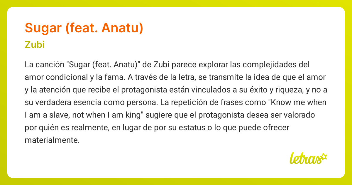 Significado de la canción SUGAR (FEAT. ANATU) (Zubi) - LETRAS.COM