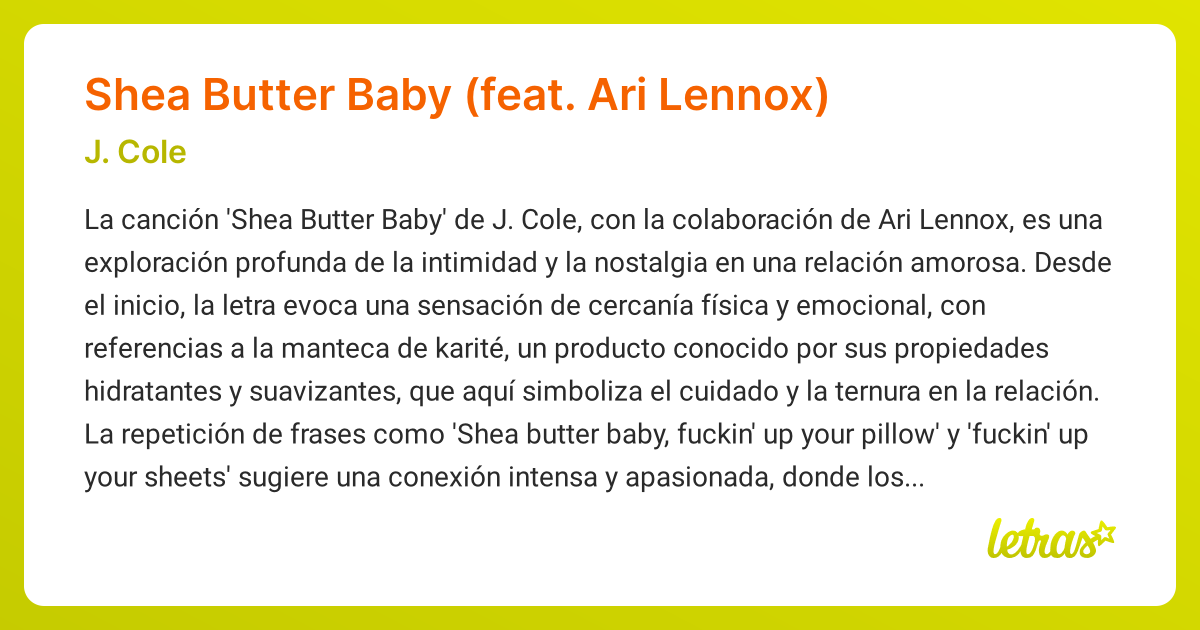 Significado de la canción Shea Butter Baby (feat. Ari Lennox) (J. Cole ...