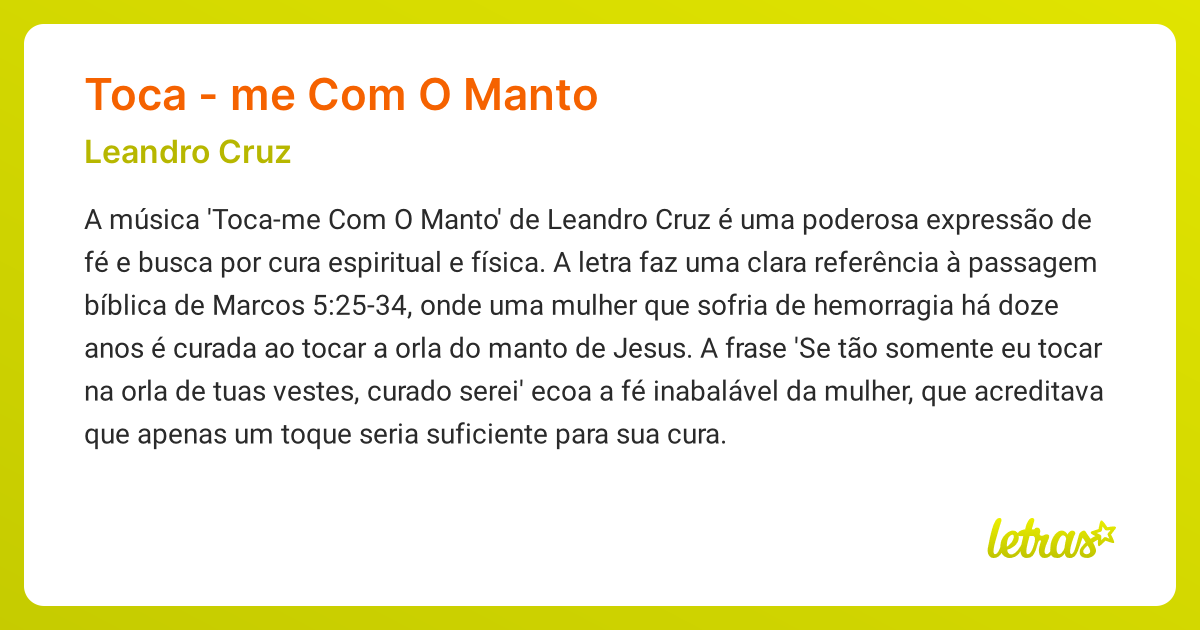 Significado da música TOCA - ME COM O MANTO (Leandro Cruz) - LETRAS.MUS.BR