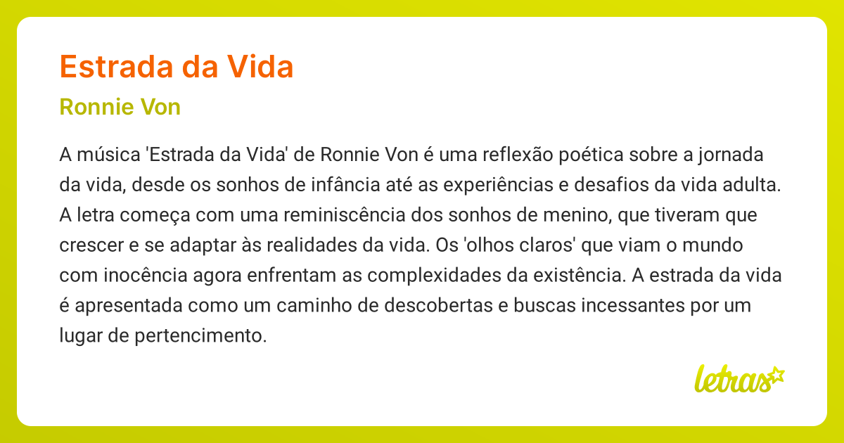 Significado da música ESTRADA DA VIDA (Ronnie Von) - LETRAS.MUS.BR