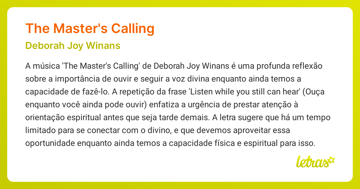 Significado da música THE MASTER'S CALLING (Deborah Joy Winans ...