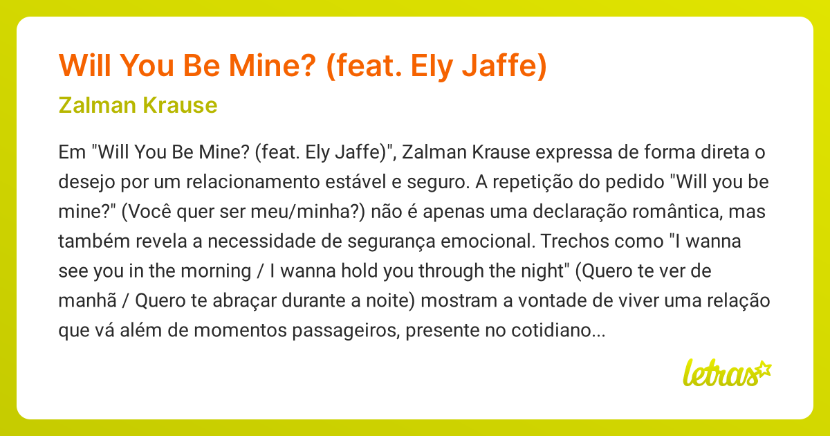 Significado da música Will You Be Mine? (feat. Ely Jaffe) (Zalman ...