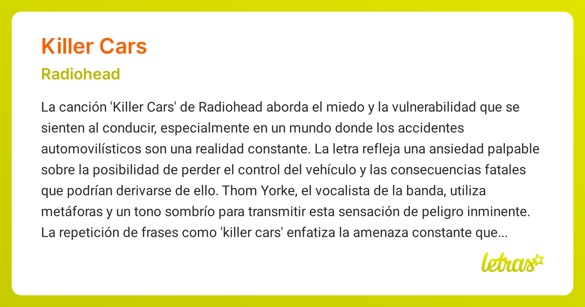 Significado de la canción KILLER CARS (Radiohead) - LETRAS.COM