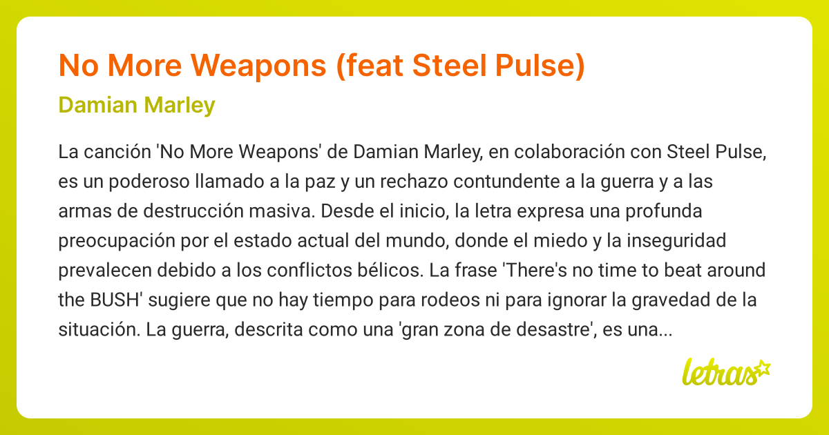 Significado de la canción No More Weapons (feat Steel Pulse) (Damian ...