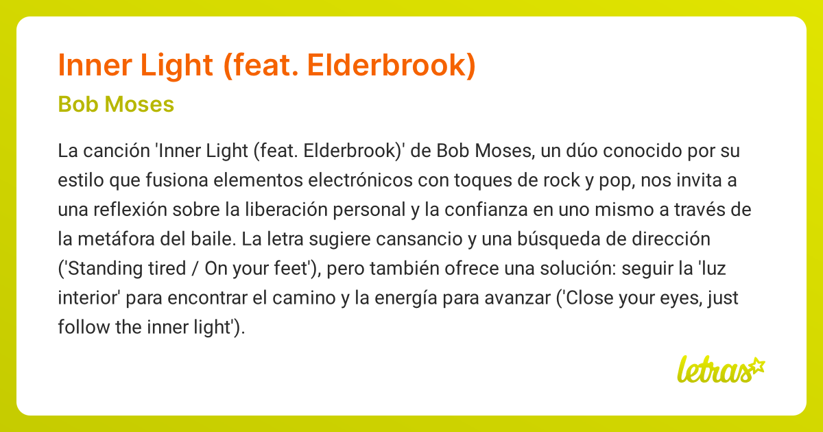 Significado de la canción INNER LIGHT (FEAT. ELDERBROOK) (Bob Moses ...