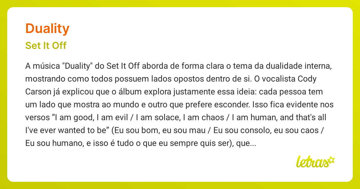 Significado da música DUALITY (Set It Off) - LETRAS.MUS.BR