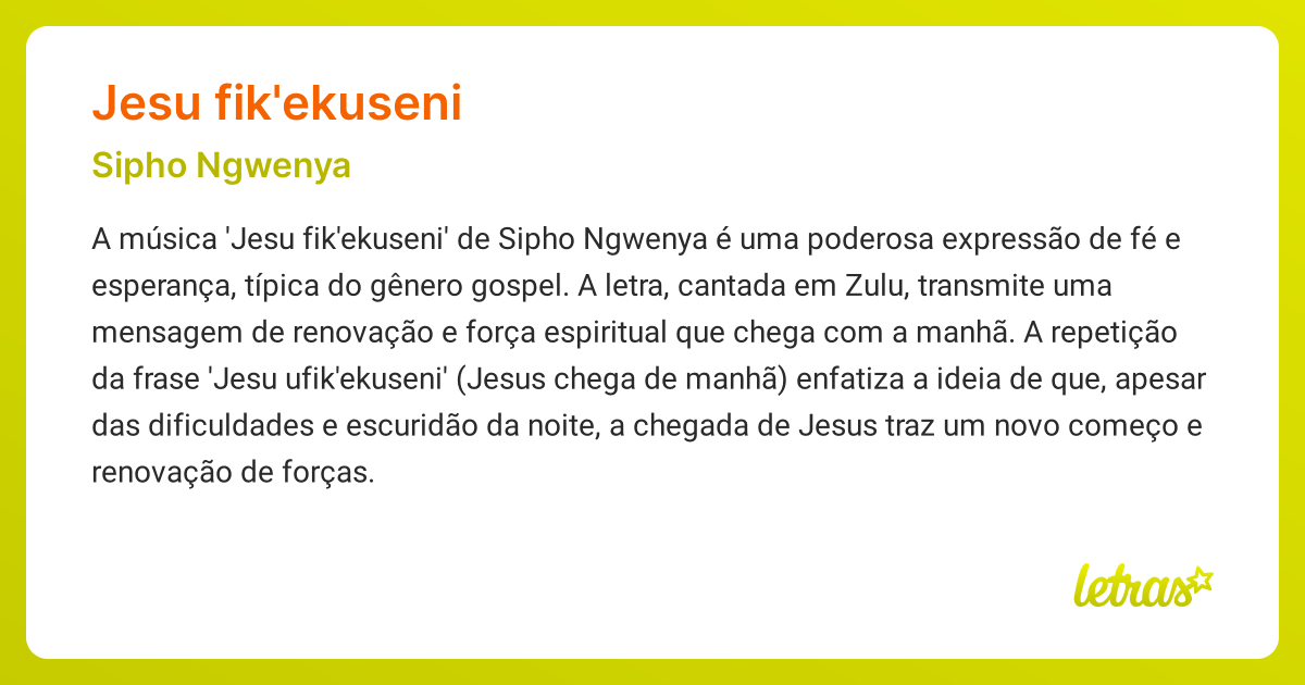 Significado da música JESU FIK'EKUSENI (Sipho Ngwenya) - LETRAS.MUS.BR