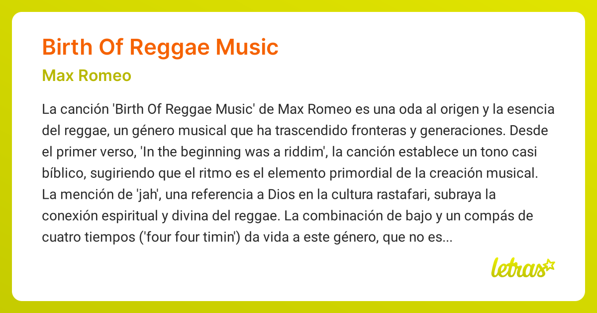 Significado de la canción BIRTH OF REGGAE MUSIC (Max Romeo) - LETRAS.COM