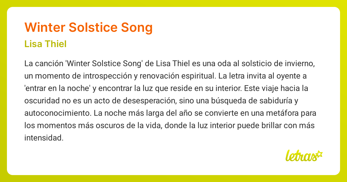 Significado de la canción WINTER SOLSTICE SONG (Lisa Thiel) - LETRAS.COM