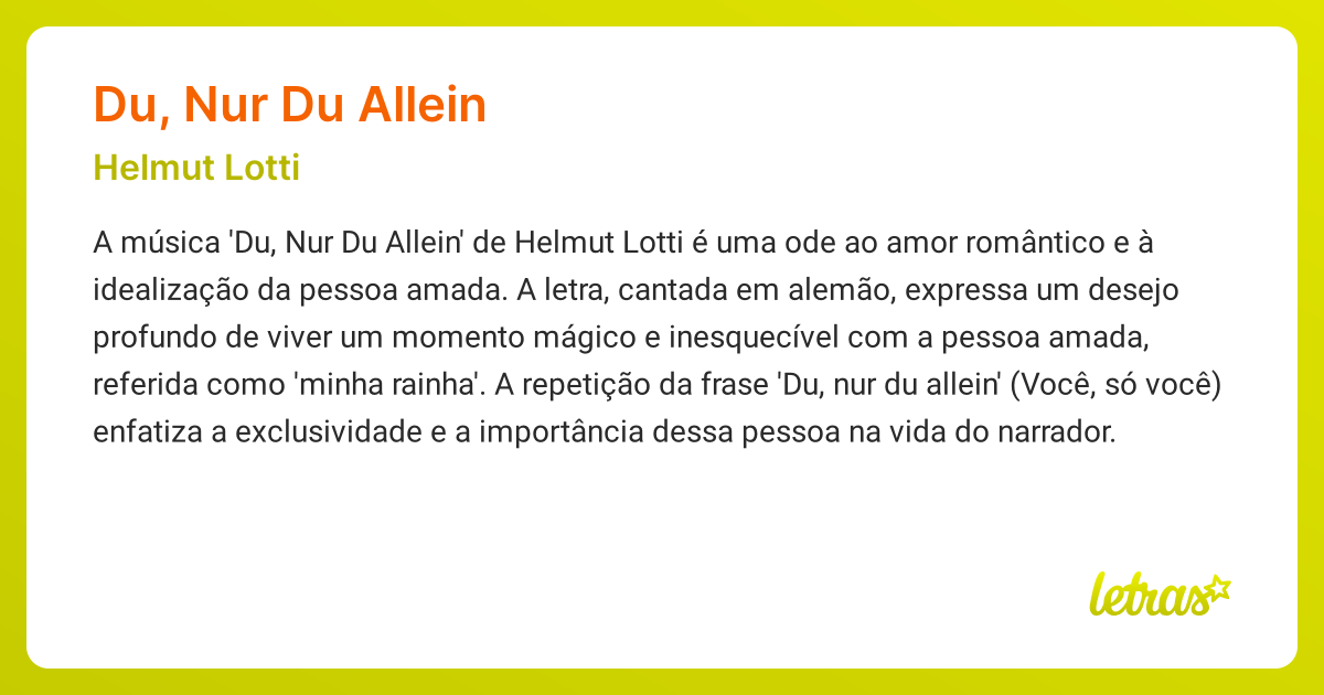 Significado da música DU, NUR DU ALLEIN (Helmut Lotti) - LETRAS.MUS.BR