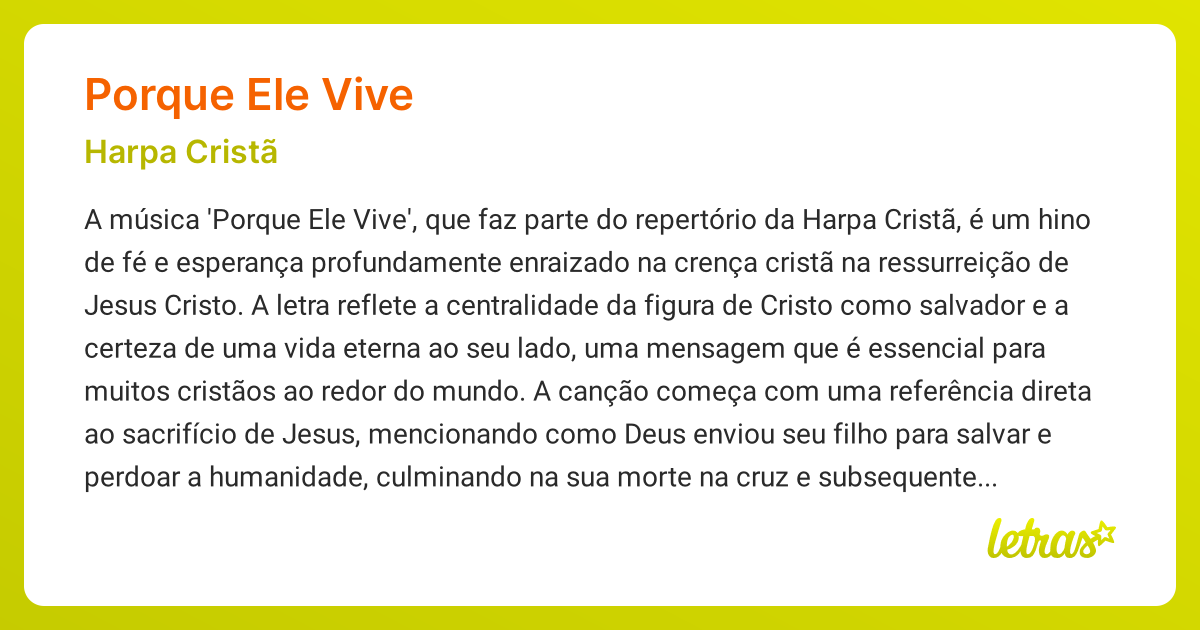 Significado da música PORQUE ELE VIVE (Harpa Cristã) - LETRAS.MUS.BR