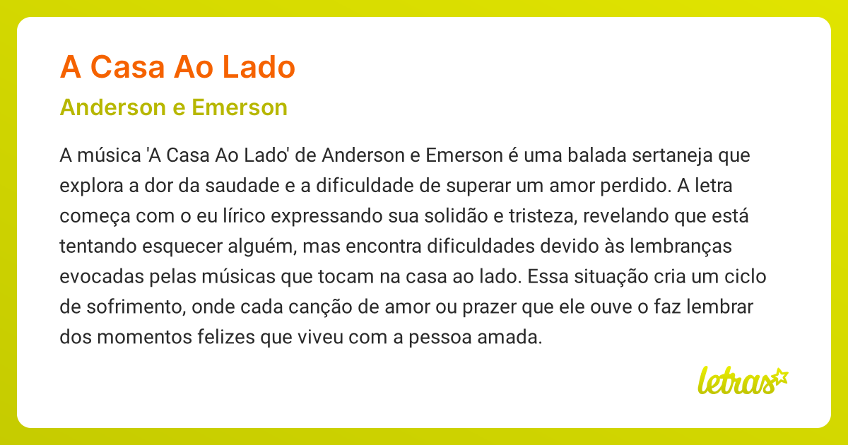 Significado da música A CASA AO LADO (Anderson e Emerson) - LETRAS.MUS.BR