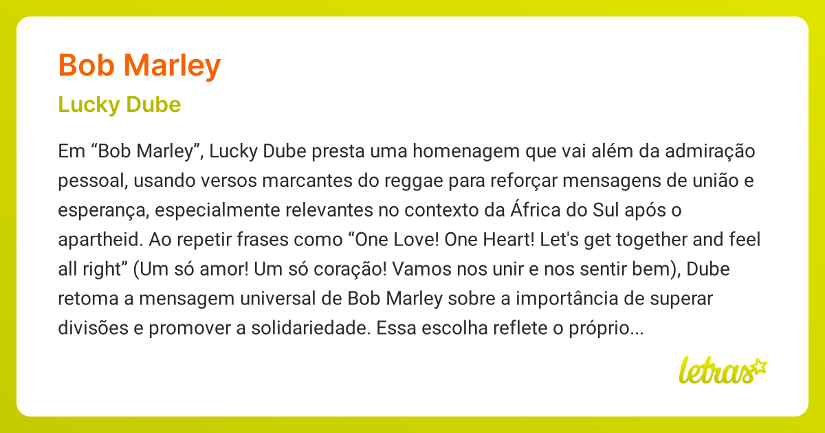 Significado da música BOB MARLEY (Lucky Dube) - LETRAS.MUS.BR