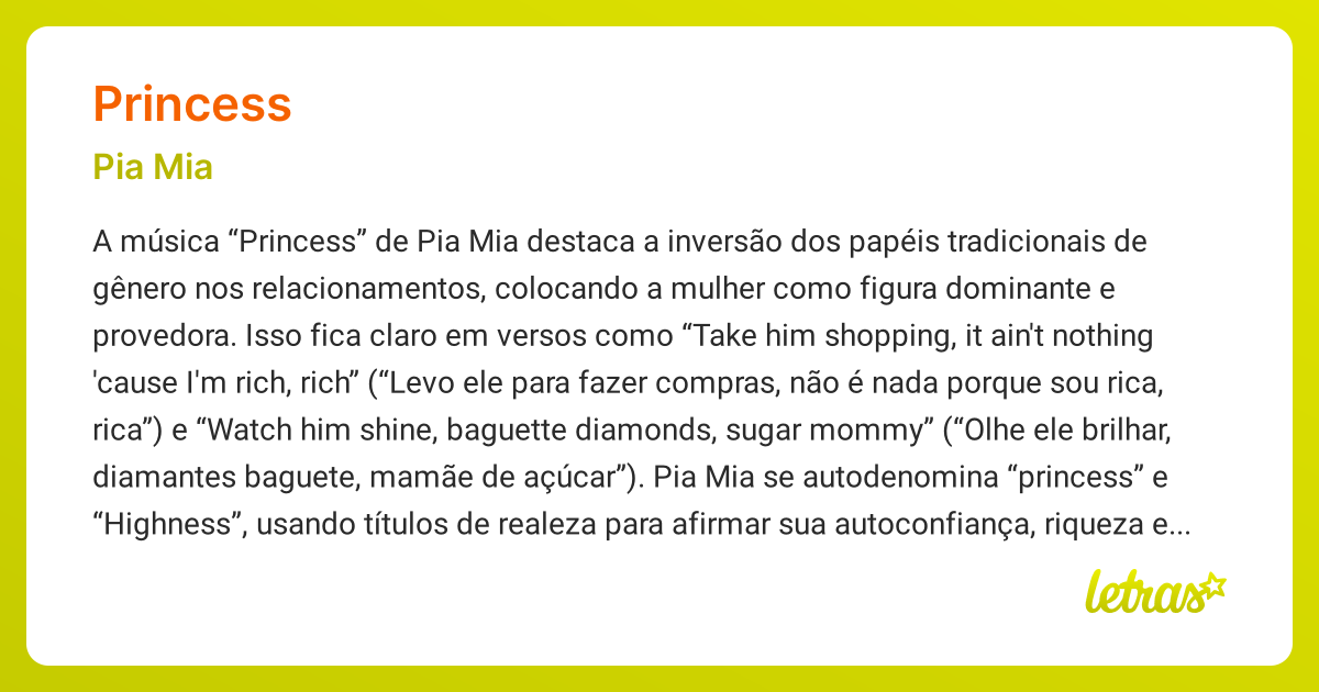 Significado da música PRINCESS (Pia Mia) - LETRAS.MUS.BR