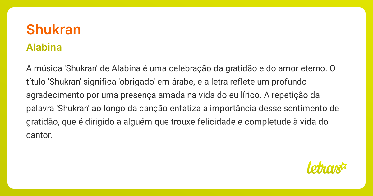 Significado da música SHUKRAN (Alabina) - LETRAS.MUS.BR