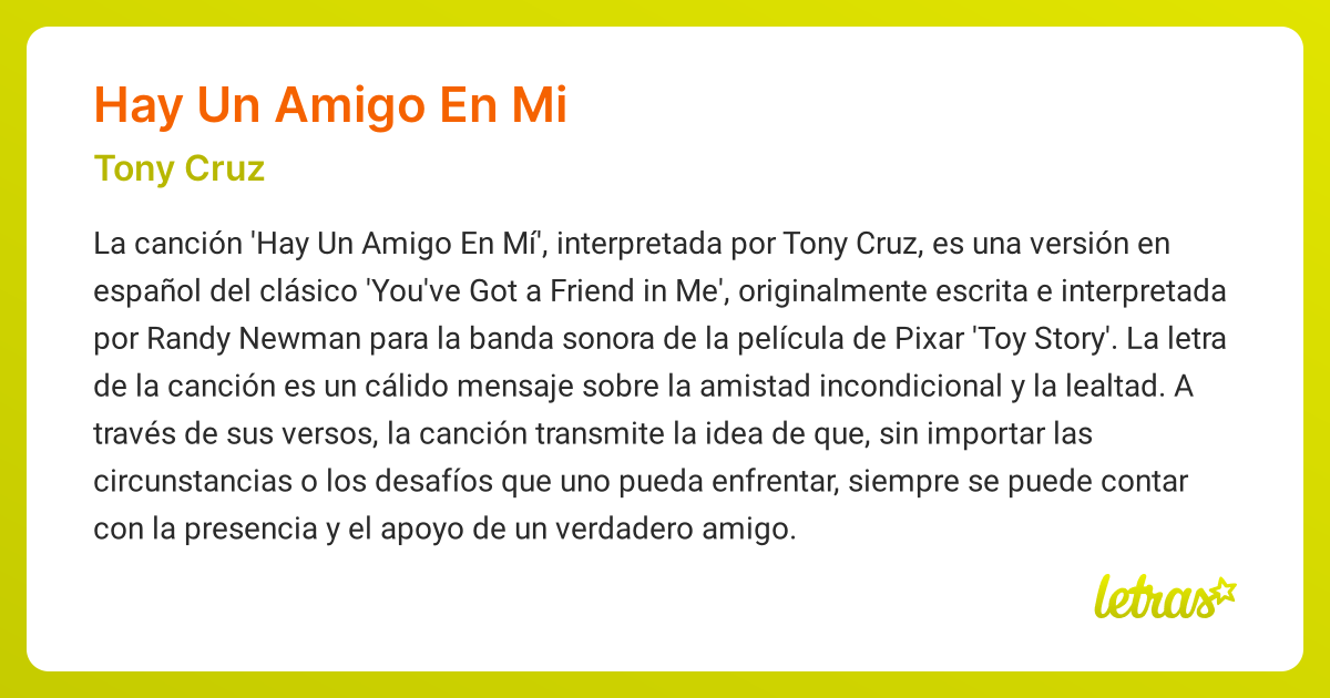 Significado de la canción HAY UN AMIGO EN MI (Tony Cruz) - LETRAS.COM