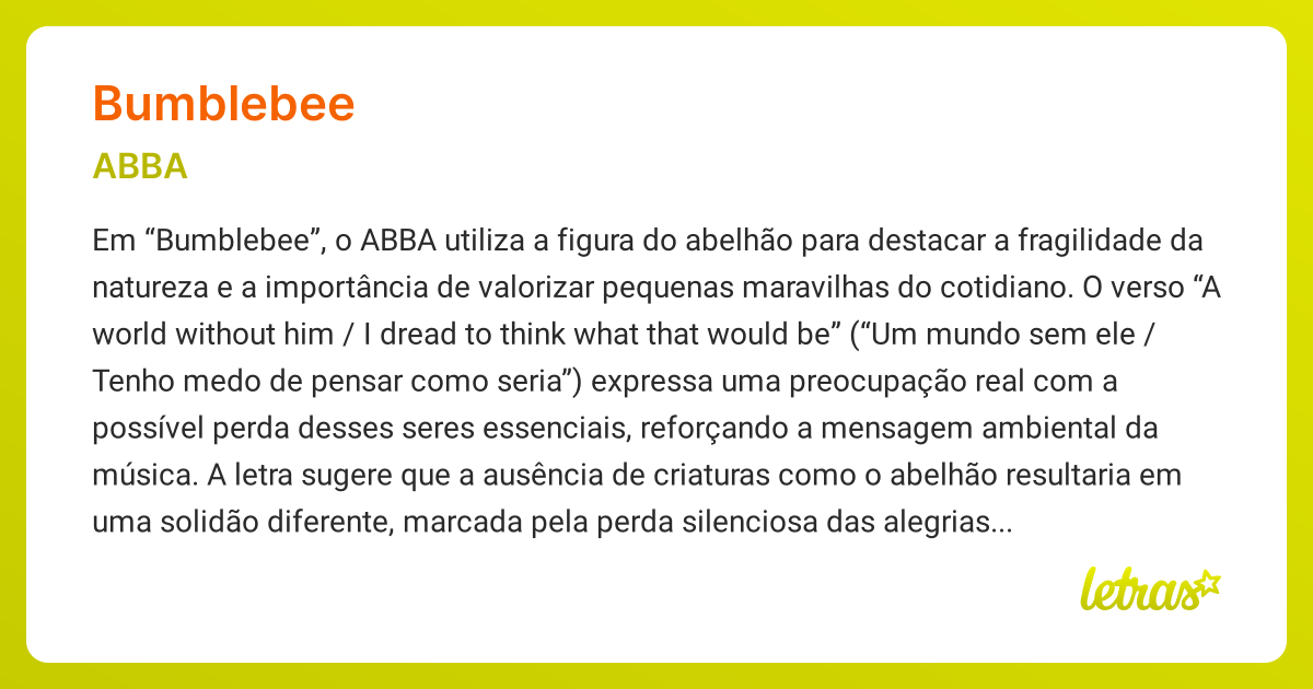 Significado da música BUMBLEBEE (ABBA) - LETRAS.MUS.BR