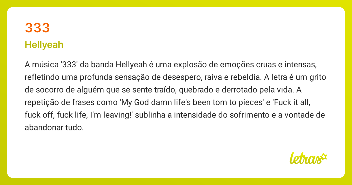 Significado da música 333 (Hellyeah) - LETRAS.MUS.BR