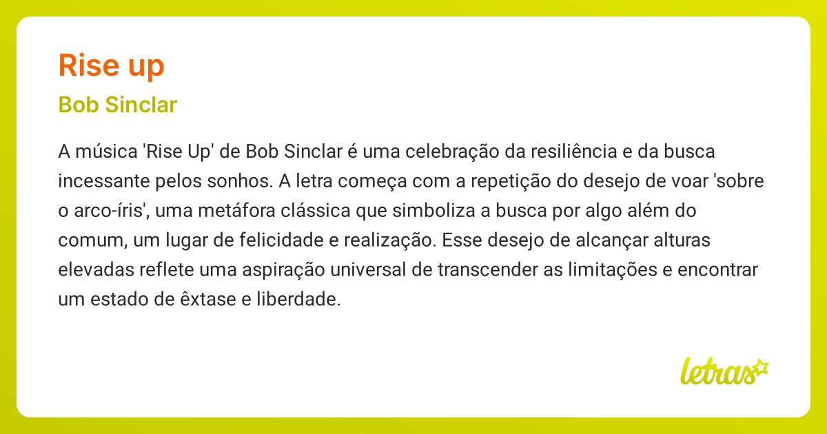 Significado da música RISE UP (Bob Sinclar) - LETRAS.MUS.BR