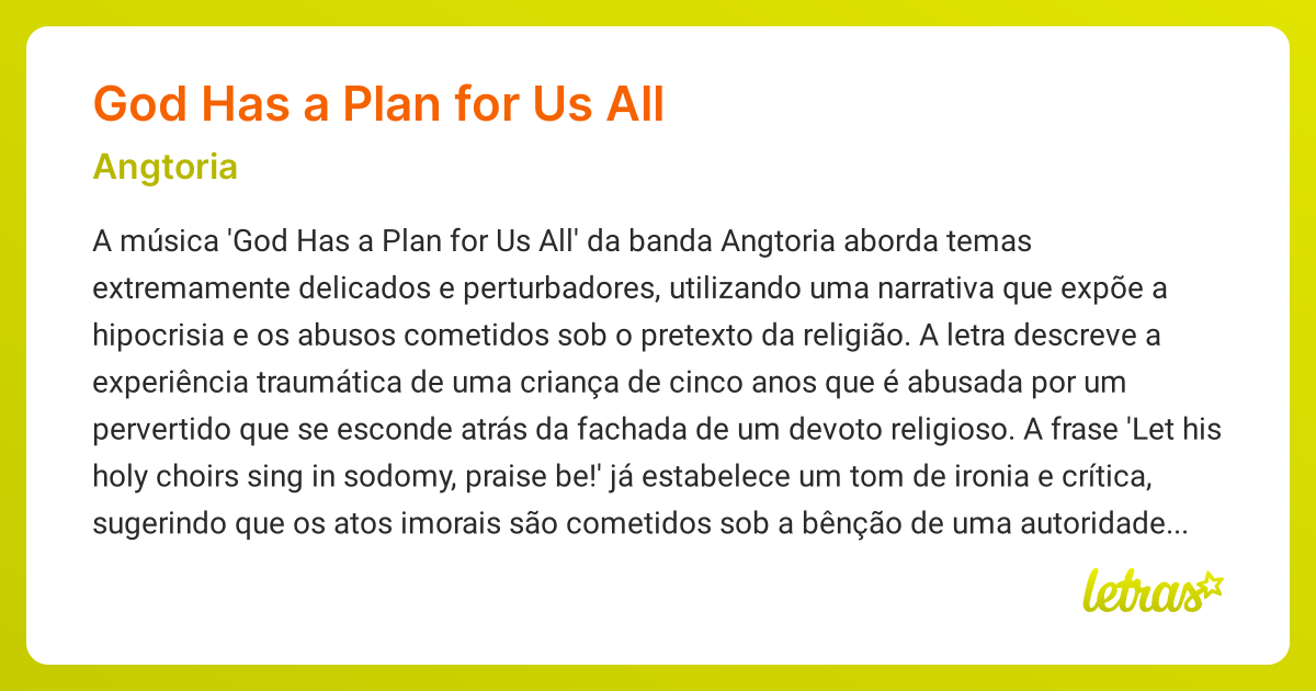 Significado da música GOD HAS A PLAN FOR US ALL (Angtoria) - LETRAS.MUS.BR