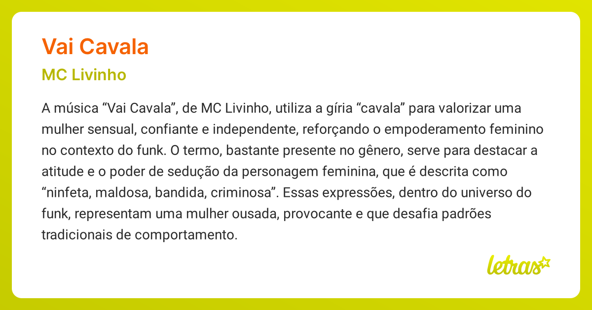 Significado da música VAI CAVALA (MC Livinho) - LETRAS.MUS.BR
