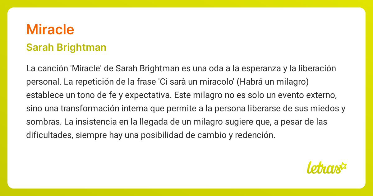 Significado de la canción MIRACLE (Sarah Brightman) - LETRAS.COM