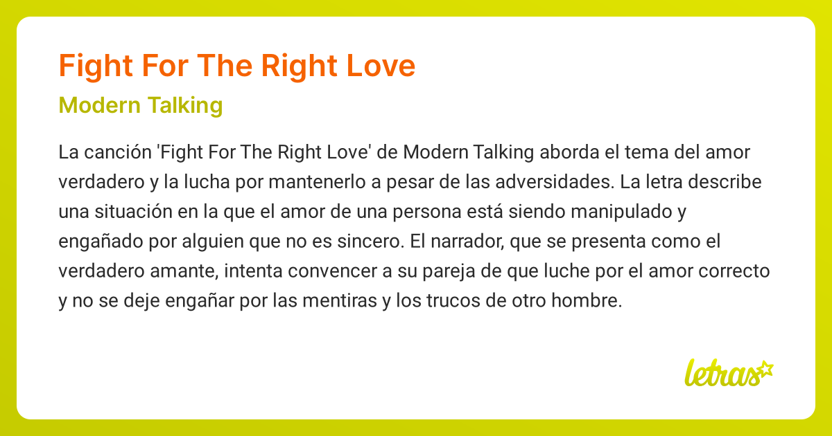 Significado de la canción FIGHT FOR THE RIGHT LOVE (Modern Talking ...