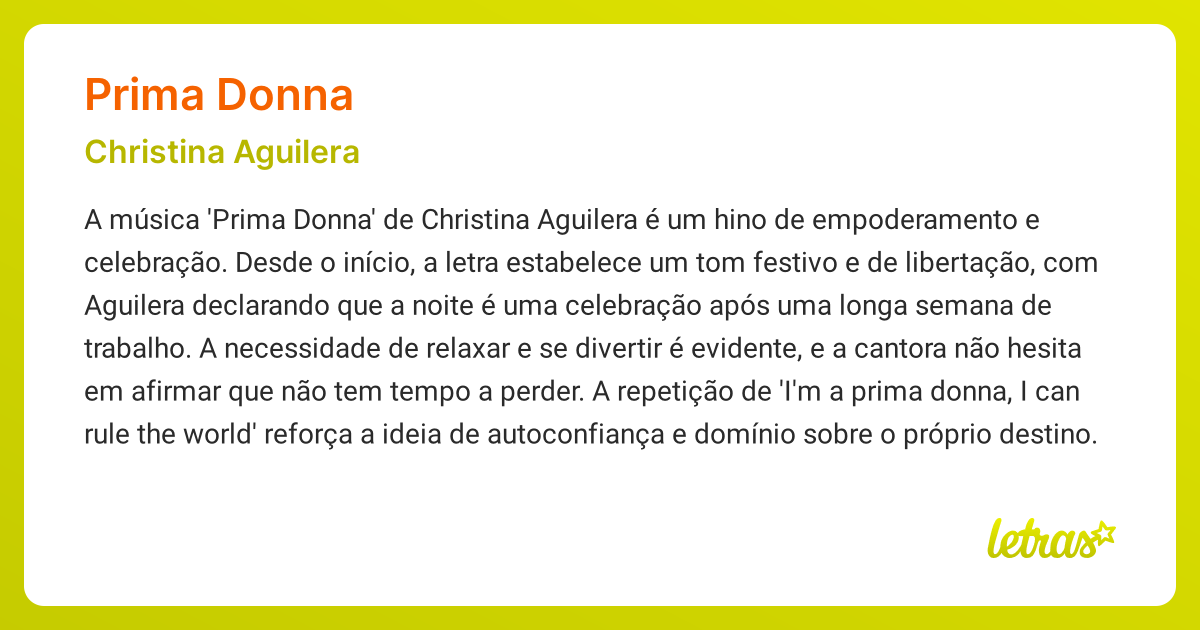 Significado da música PRIMA DONNA (Christina Aguilera) - LETRAS.MUS.BR