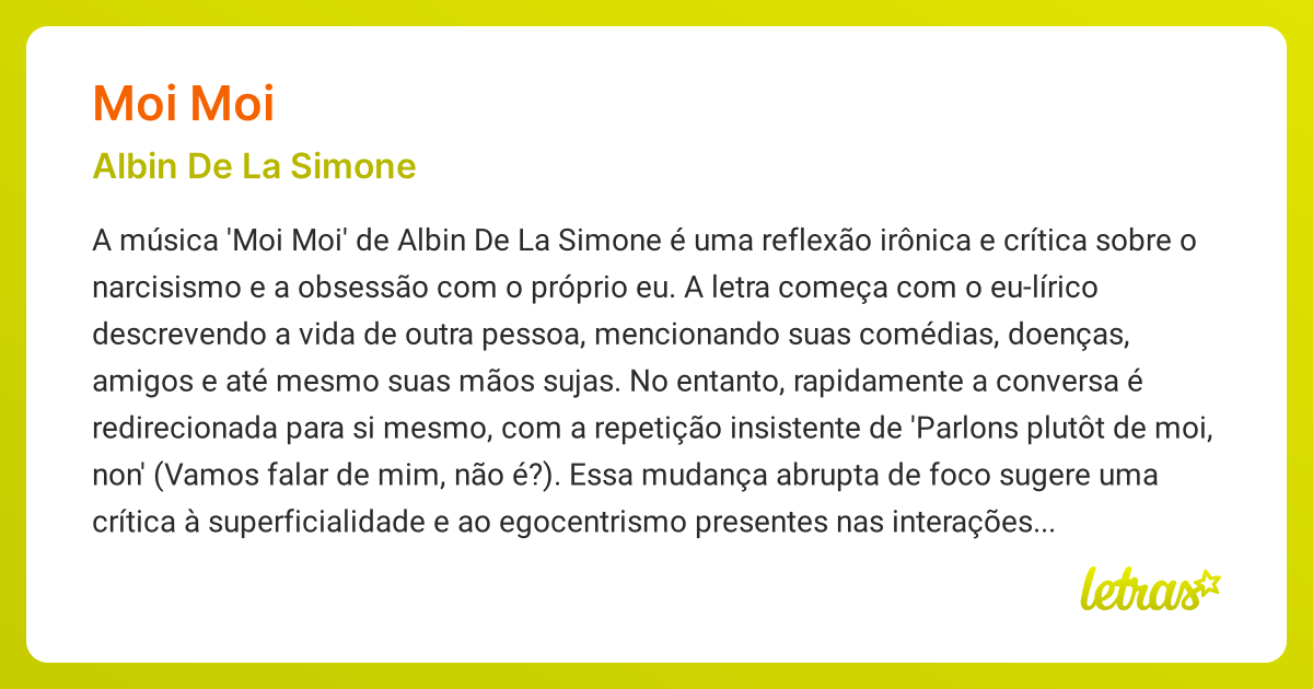 Significado da música MOI MOI (Albin De La Simone) - LETRAS.MUS.BR