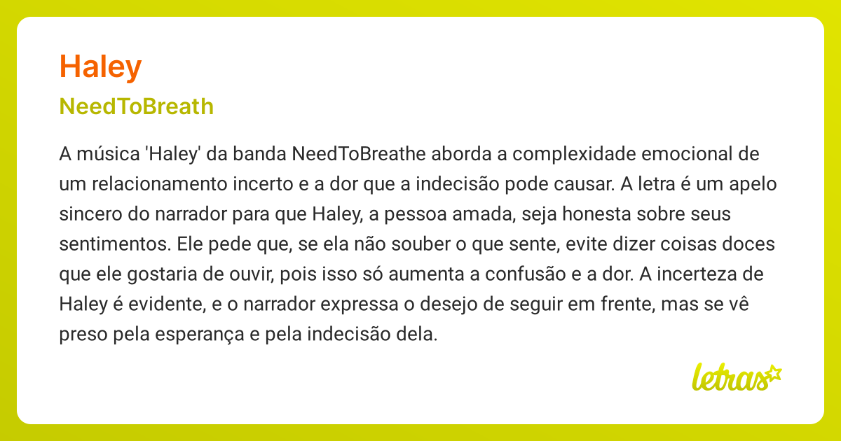Significado da música HALEY (NeedToBreath) - LETRAS.MUS.BR