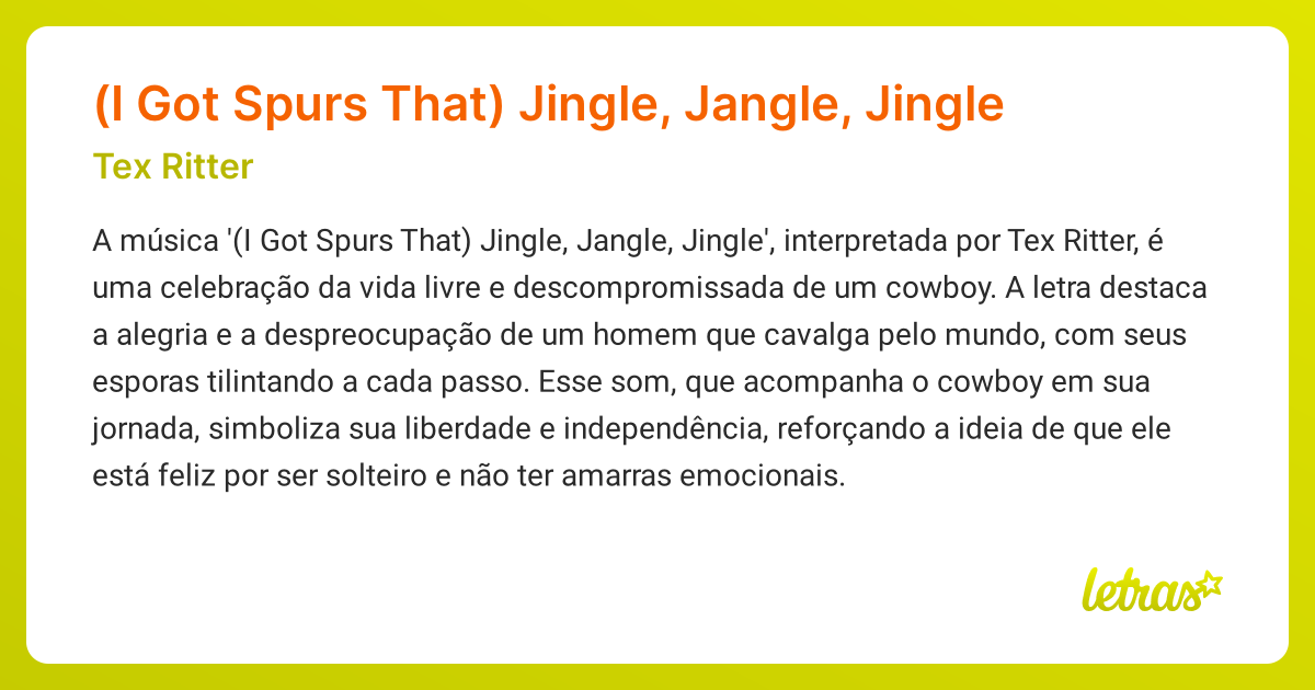 Significado da música (I Got Spurs That) Jingle, Jangle, Jingle (Tex Ritter) - LETRAS.MUS.BR